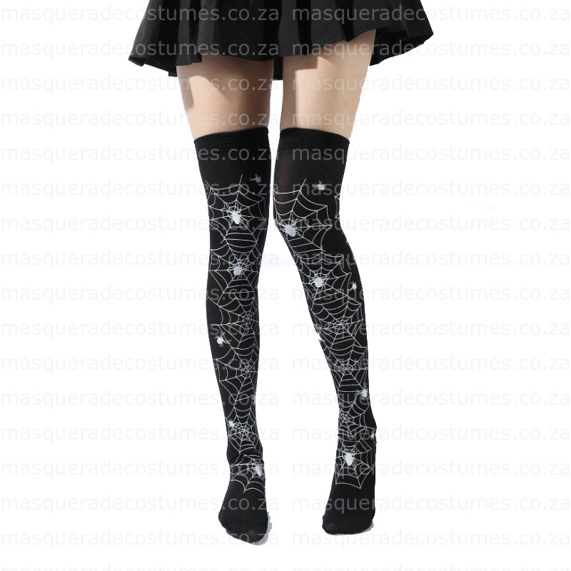 Black with White Spiderweb Print Thigh High Stockings – Masquerade ...