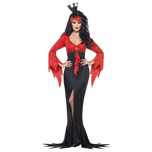 Evil Queen Costume with Fishnet Tights and Crown – Masquerade Costume Hire