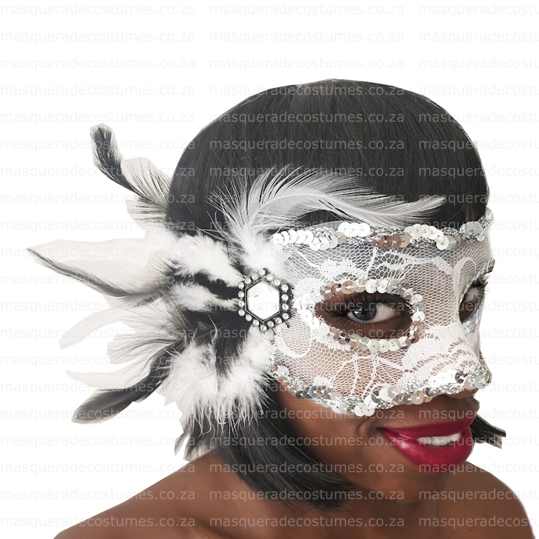 Elegant Lace Feathered Mask with Diamante Gemstone, White – Masquerade ...