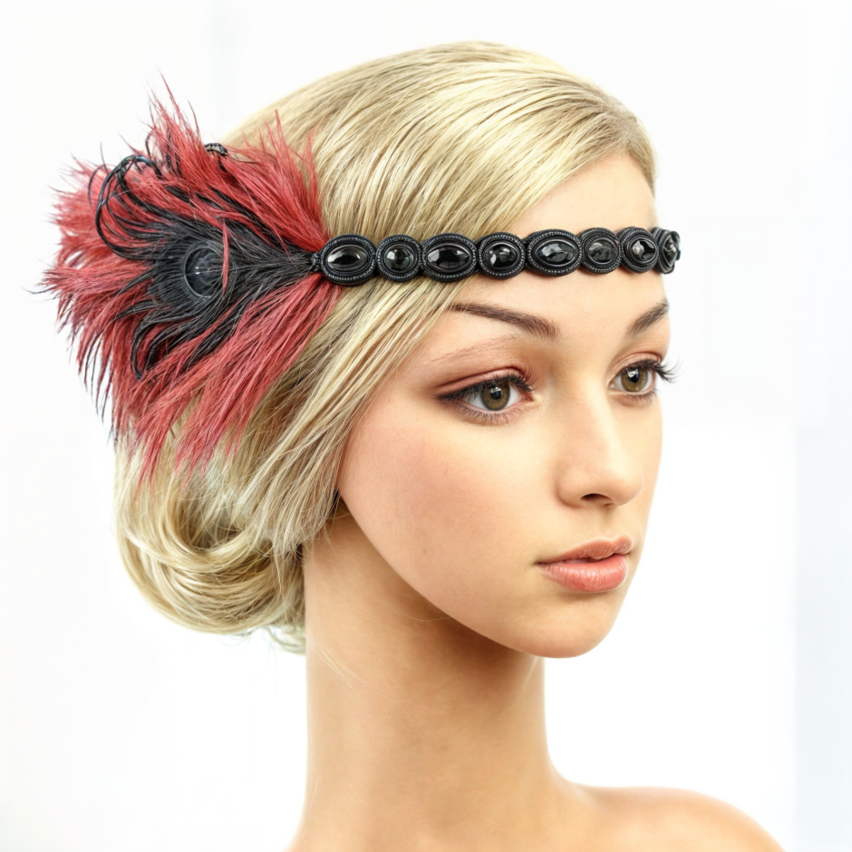 Deluxe Gatsby Boho Headband – Red and Black – Masquerade Costume Hire